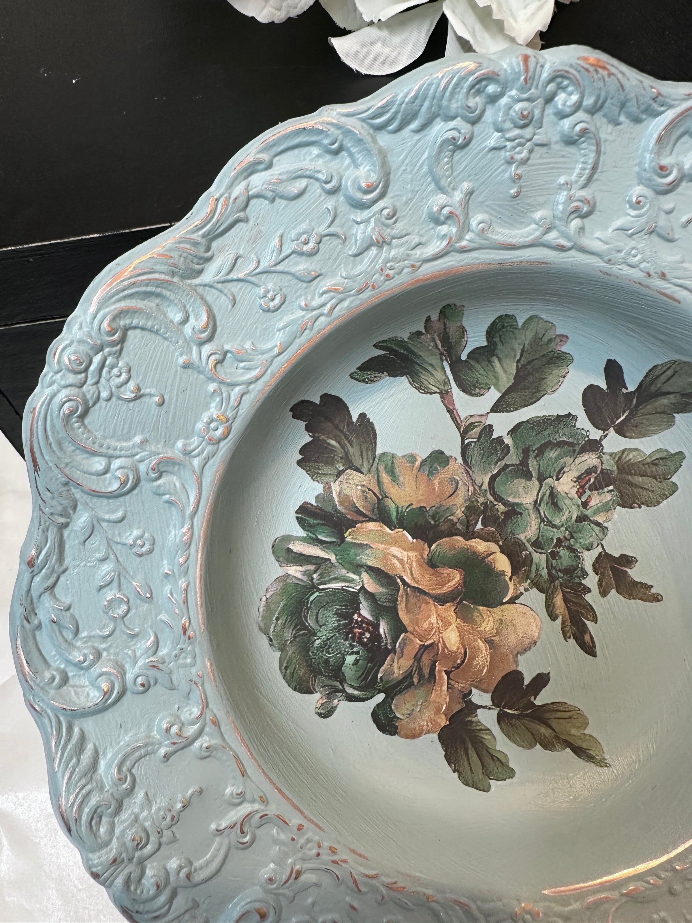 Blue with Floral silverplate dish – Paint Me Vintage