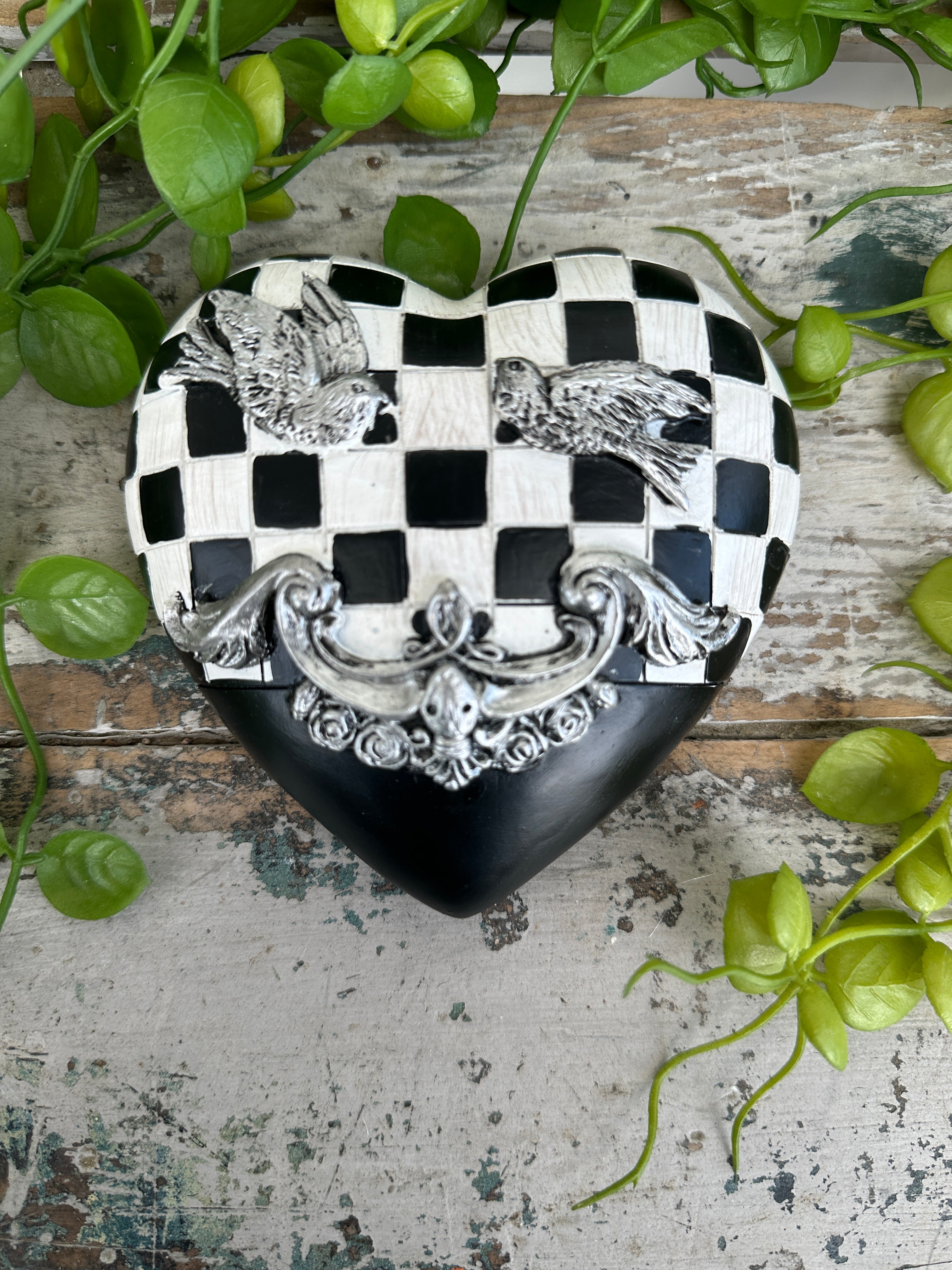 Wall heart Black & White checkers w silver birds | Paint Me Vintage